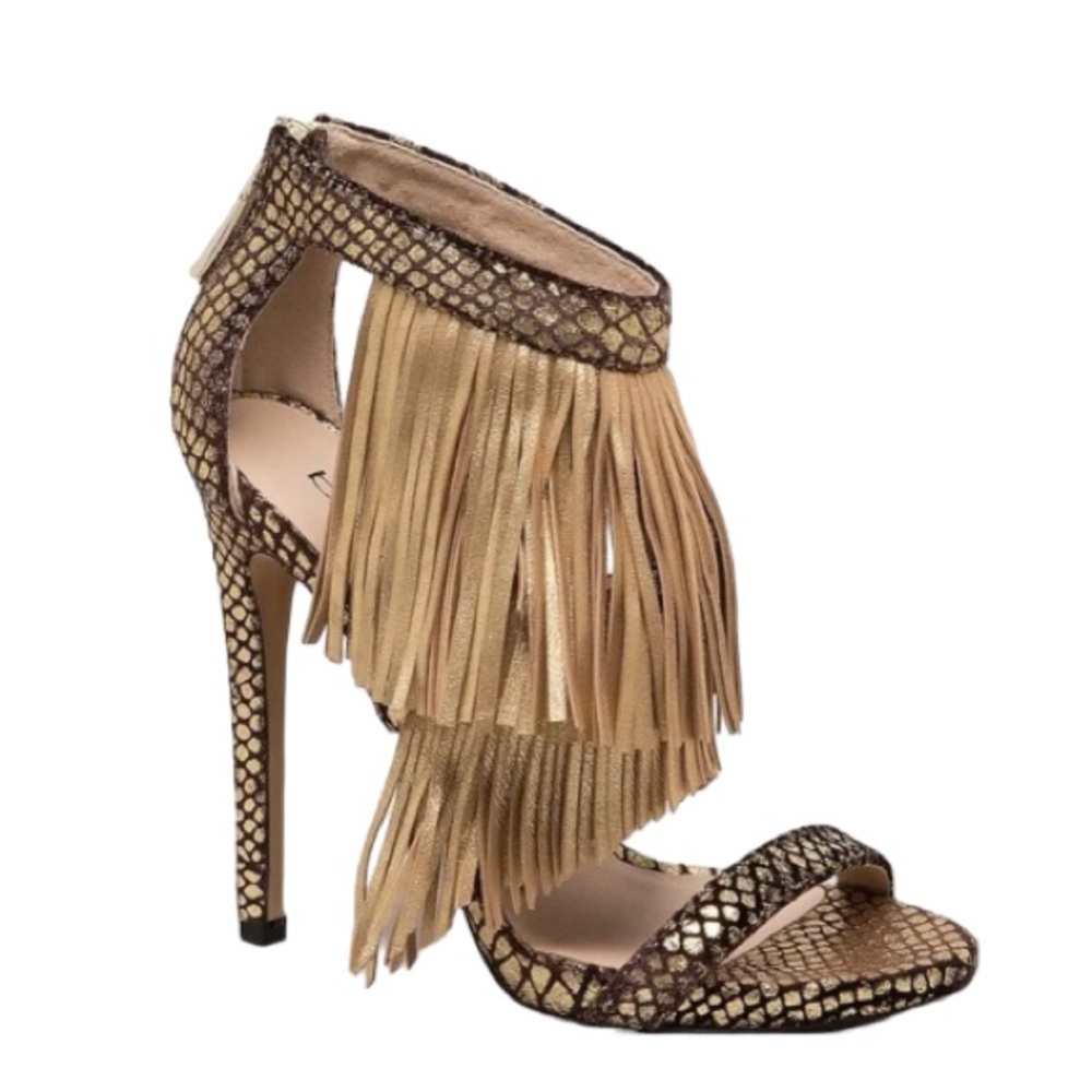 Bebe Salomeh Gold Fringe Python Heels - Gem
